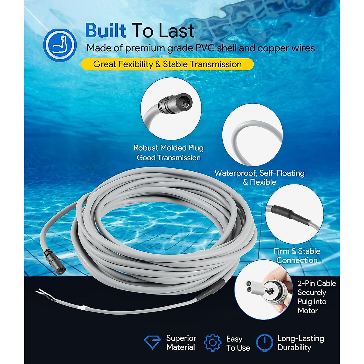 RCX50061 Floating Power Cord Assembly Replacement for Hayward Tigershark QC Robotic Cleaner RC9990 RC9990CUB, SharkVAC XL Pool Cleaner, 55 FT, 2 Pin