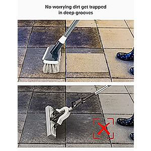 MEXERRIS Floor Scrub Brush with Long Handle - Stiff Carpet Deck Brush 2 in 1 Floor Scrubber Cleaning Grout Brush for Tile, Bathroom, Shower, Sink, Bathtub, and Kitchen Surface - Gray