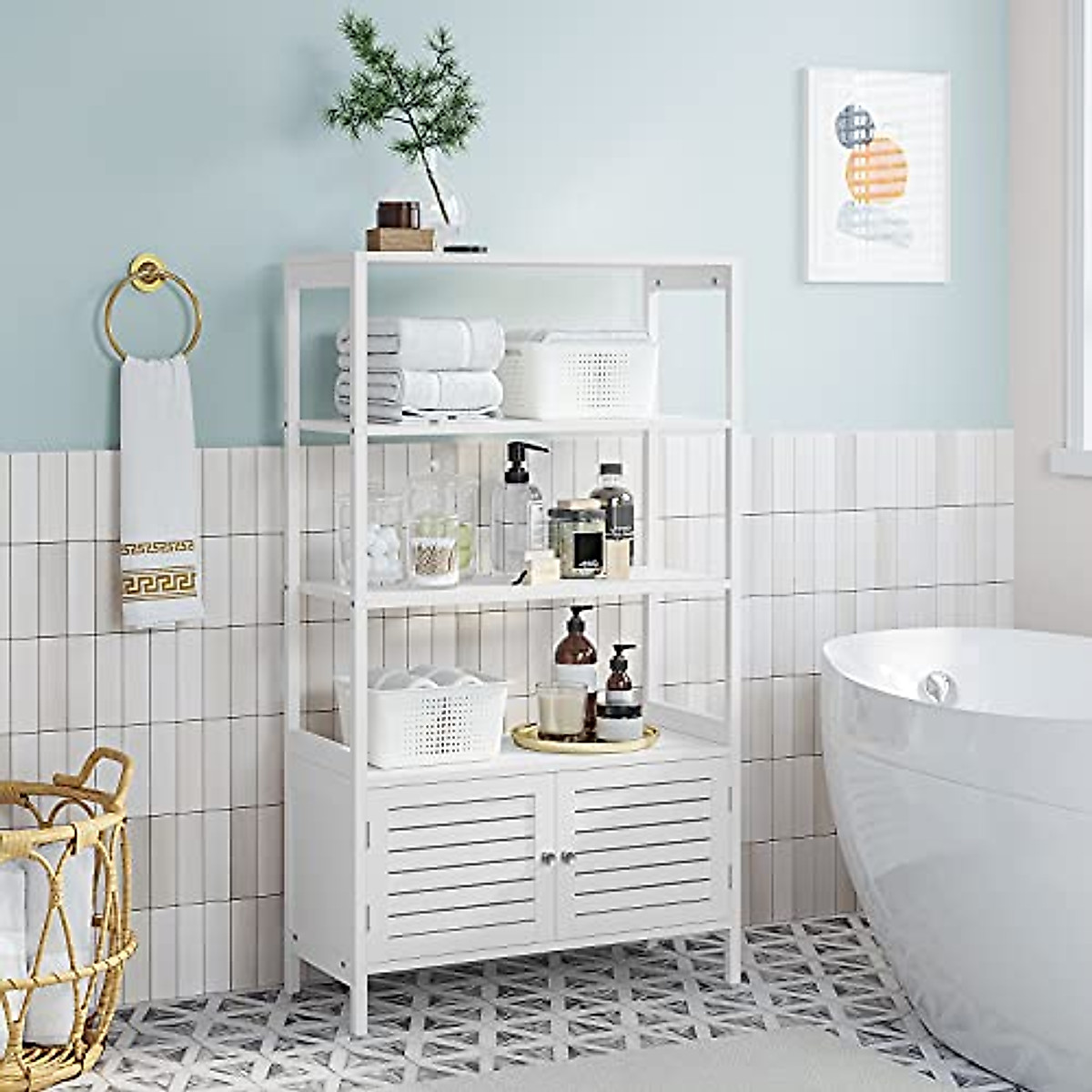 SONGMICS Bathroom Cabinet, Bathroom Storage Cabinet with 3 Shelves and Double Doors, Free-Standing, Bamboo, 11.8 x 27.6 x 47.2 Inches, White UBCB010W01