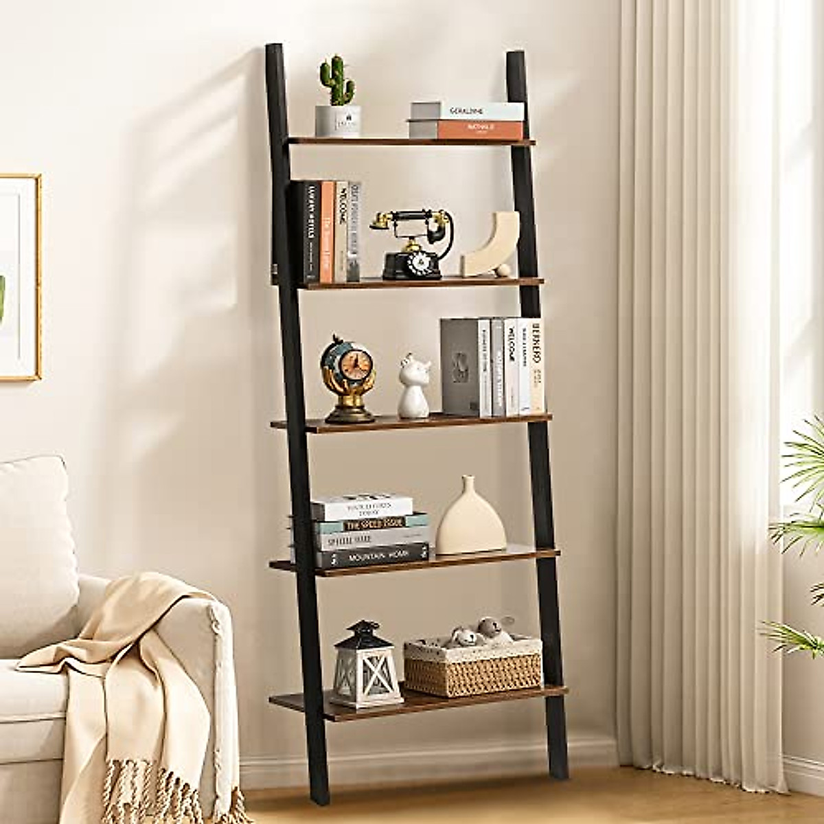 Iwell Ladder Shelf, Ladder Bookshelf, 5-Tier Ladder Bookshelf for Living Room, Office, Rustic Brown