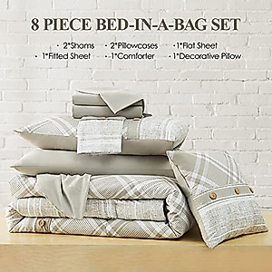 WRENSONGE Plaid Spliced King Comforter Set, 8 Pieces, Light Grey, 102"x 90"