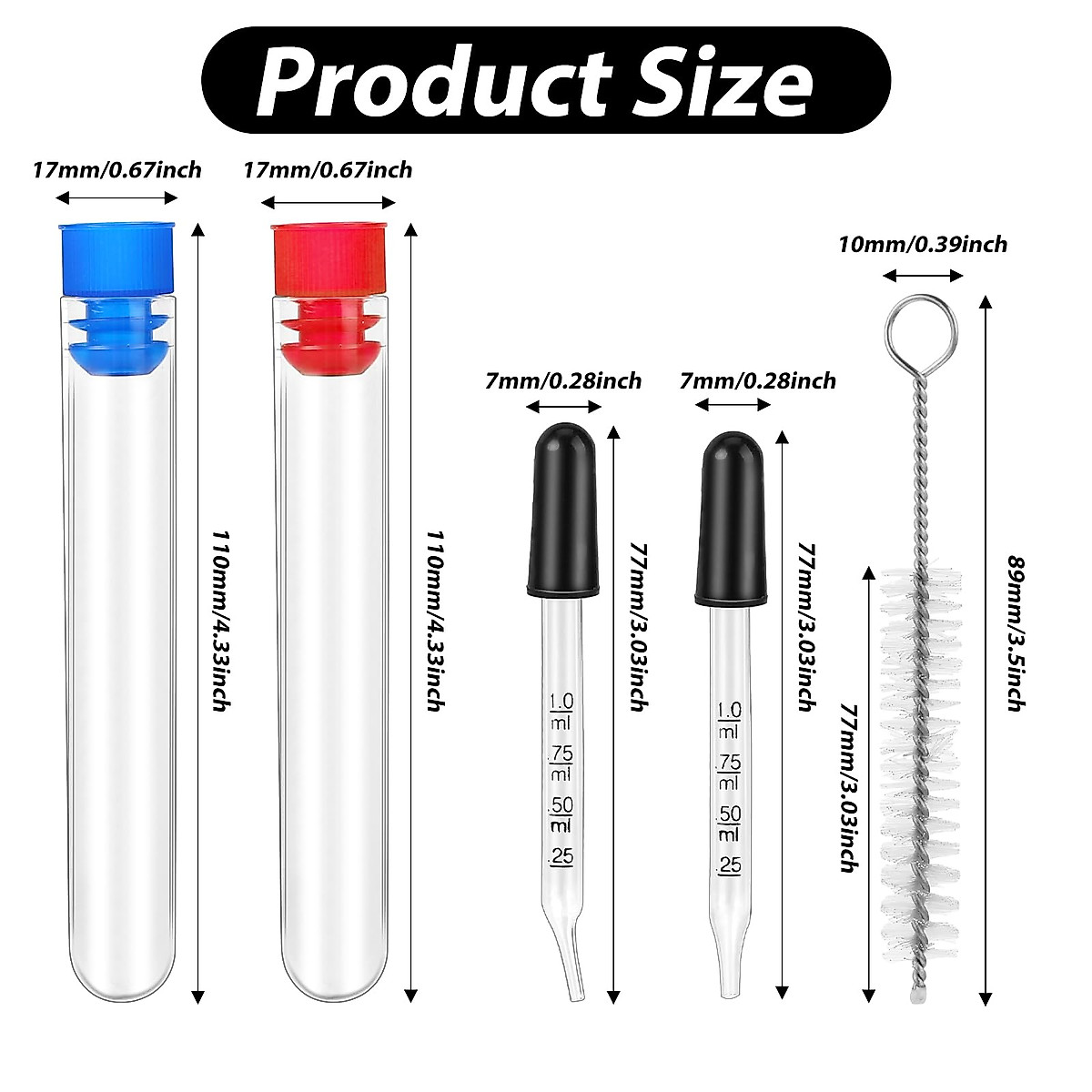 4Pcs 1ml Eye Dropper with Durable Rubber Head, 1ml Glass Dropper with Measurements Bent & Straight Tip, with Cleaning Brush Rubber Head, for Precise Pipette Droppers for Crafts, Essential Oil, Food