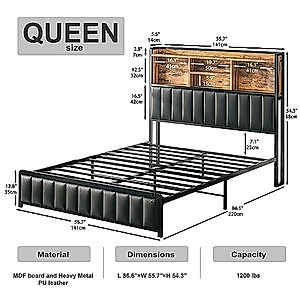 ANCTOR Queen Bed Frame with Upholstered Headboard and LED Light, Strong Platform Bed with Charging Station, Solid and Stable, No Box Spring Needed