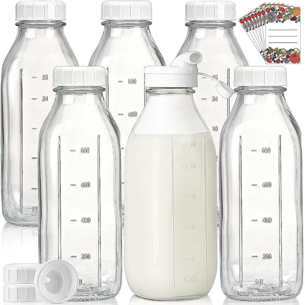Liter Glass Milk Bottles w 100% Airtight Heavy Duty Screw Lid - 6 Pack 32 Oz Drinking Jars - Food Grade Glass Bottles for Milk, Honey, Jam - Dishwasher Safe(Extra 2 Lids and Stickers Included)