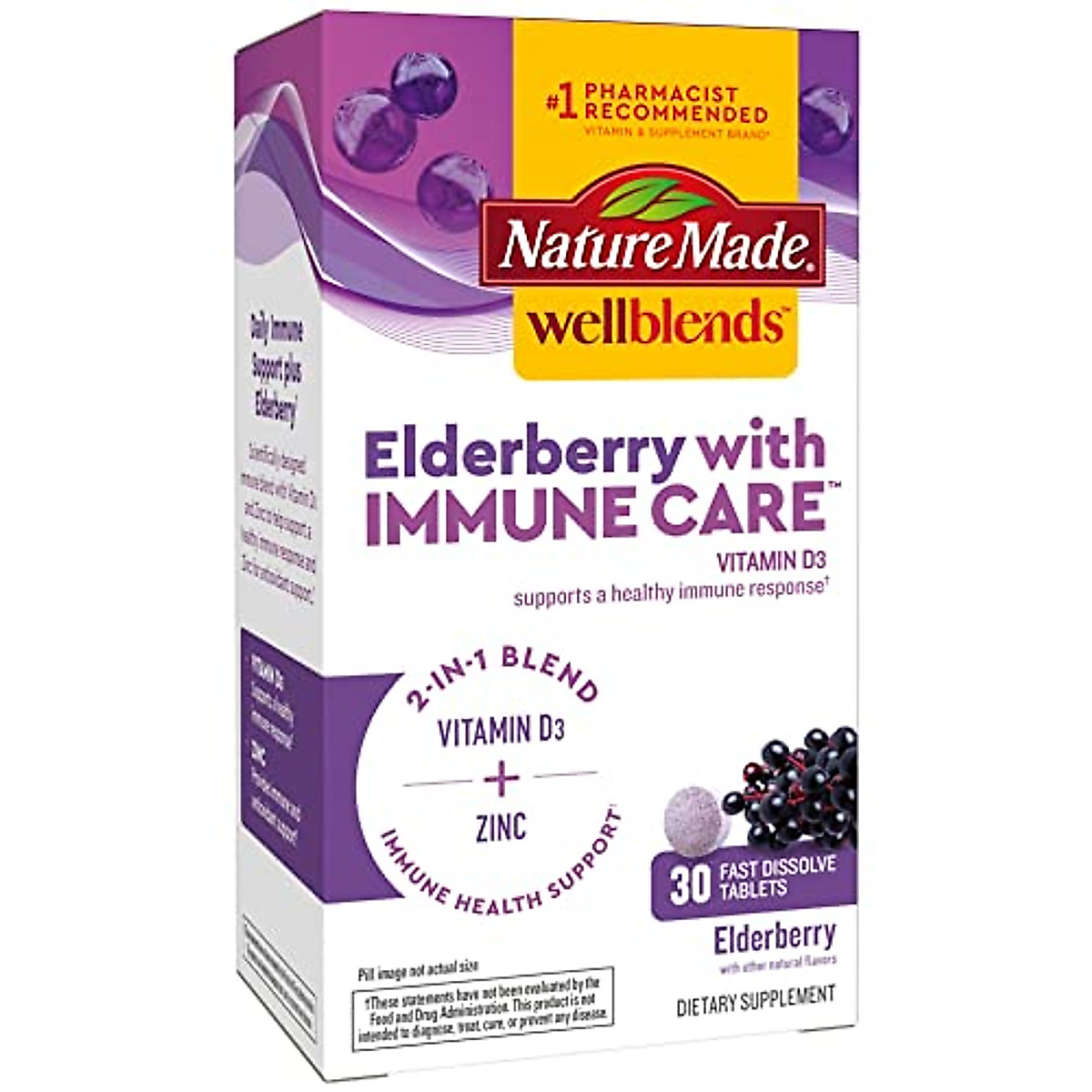 Nature Made Wellblends Elderberry with ImmuneCare, Vitamin D3 and Zinc, with Elderberry Flavor, 30 Fast Dissolve Tablets