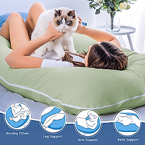 AngQi Pregnancy Pillow, U Shaped Pregnancy Body Pillow, Pregnancy Pillows for Sleeping with Cooling Cotton Zipper Removable Cover (Pale Green)