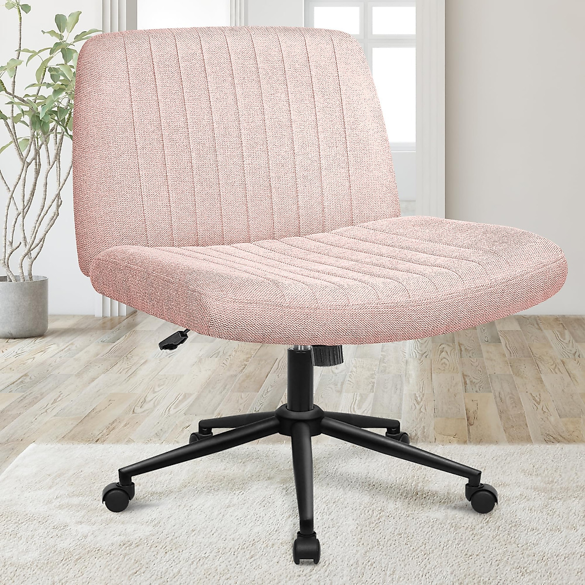 Orange Factory Criss Cross Chair with Wheels, Armless Cross Legged Office Desk Chair, Wide Comfy Vanity Rolling Swivel Modern Comfortable Fabric Computer Task Chairs for Home Office (Pink)