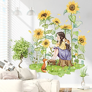 Sunflower and Girl Wall Decals Garden Flower Wall Stickers Bedroom Living Room TV Wall Art Decor Murals 29 in X 33 in (Sunflower and Girl)