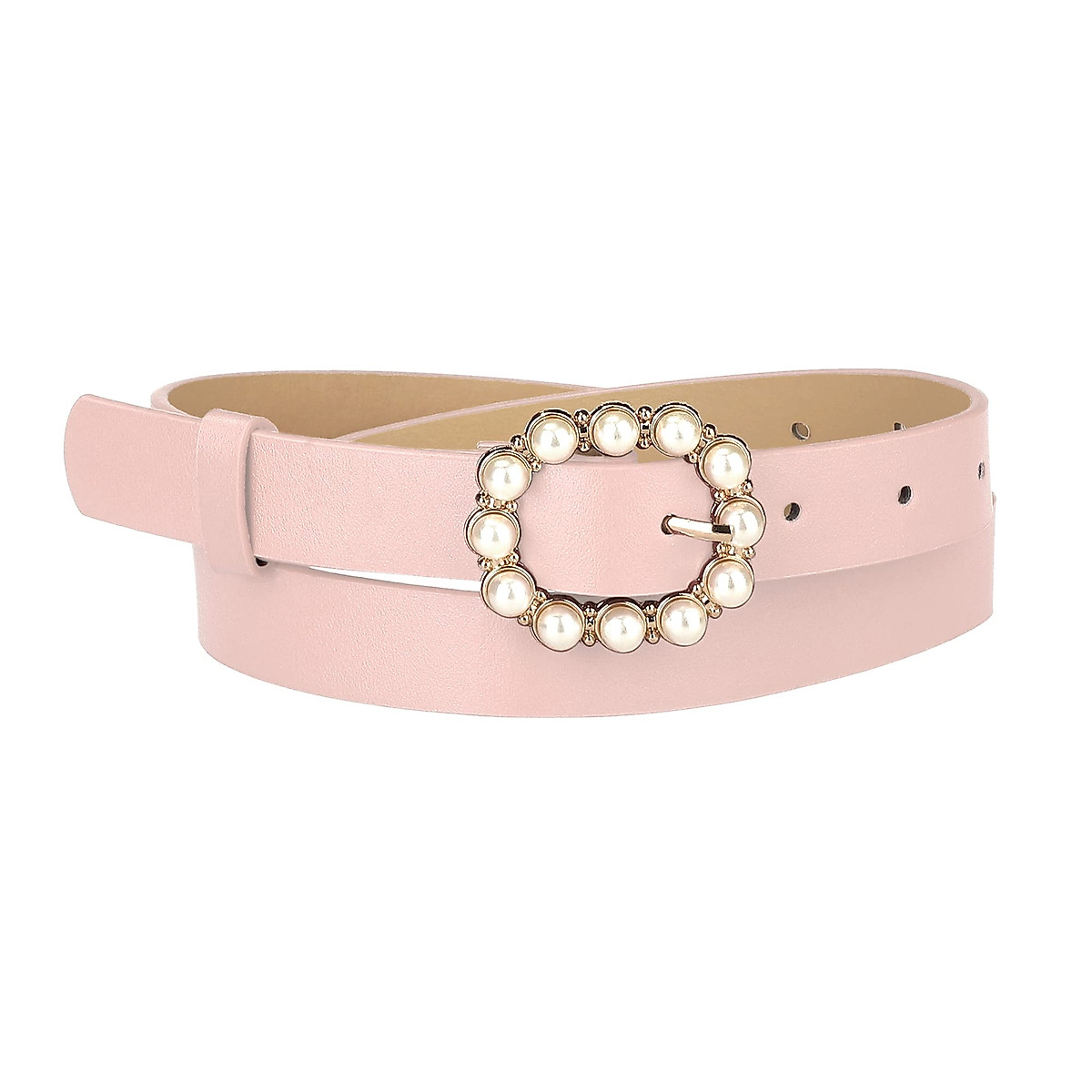 Allegra K Womens Pearl Waistband Skinny Leather Adjustable Pin Buckle Belt for Jeans Dresses Pants 75-90cm/29.53"-35.43" Light Pink