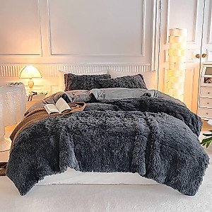 Shaggy Comforter Set Black Queen Size 3 Pieces Winter Faux Fur Comforter Set with 2 Pillowcases Ultra Soft and Easy Care Luxury Plush Warm Super Fleece Velvet Flannel Bedding Set