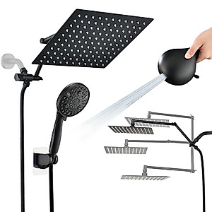 PDPBath 12" Rainfall Shower Head with Handheld Spray, Dual Rain Showerhead with High Pressure 10-Setting Wand Combo, 16" Adjustable Extension Arm Build-in 3-way Diverter, 6ft Hose -Matte Black