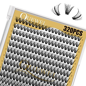 QUEWEL Lash Clusters 320Pcs Cluster Lashes 40D D Curl Lash Clusters Mix9-16mm Individual Eyelashes Clusters Wispy DIY Eyelash Extension Thin Band Soft to Use at Home (40D D Mix9-16)