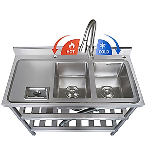 Qian Kun Industrial Grade Left-Hand Utility Sink Station with 304 Stainless Steel Double Bowl - 39.3x19.7x35.4Inch - NSF Certified - Ideal for Outdoor, Commercial, Garage, and Kitchen Use