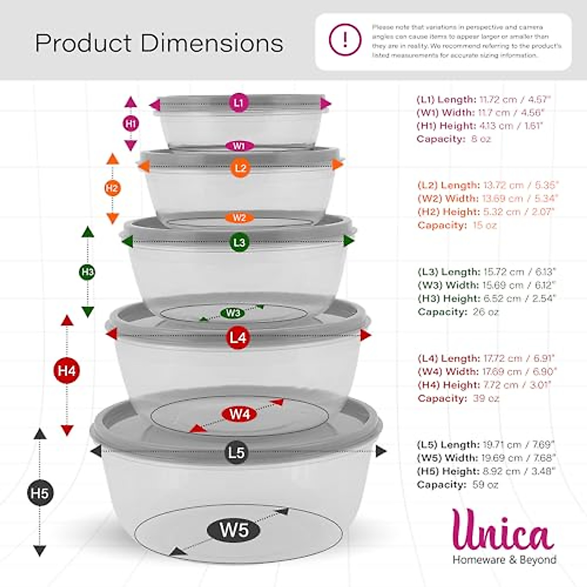Unica Round Food Container, BPA-free Microwave Bowls with Lids, Airtight Container, Stackable Bowl Set, Freezer-safe, Dishwasher Safe, Set of 5, 8, 15, 26, 39, 59 oz, 7.68x7.68x3.48 in