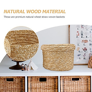 Cabilock 2pcs Straw Storage Basket Desktop Wicker Magazine Baskets Hampers for Laundry with Lid Seagrass Storage Baskets Snack Container Wheat Straw Decorative Basket to Weave