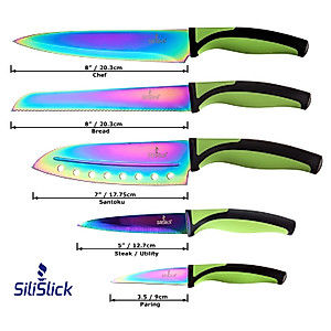 SiliSlick Kitchen Knife Set Titanium Coated Blades and Portable Sharpener