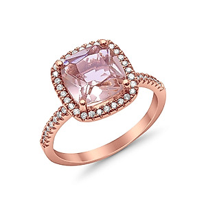 Blue Apple Co. Sterling Silver Halo Solitaire Ring Rose Tone Rhodium PL Cushion Cut Simulated Morganite Clear CZ accent