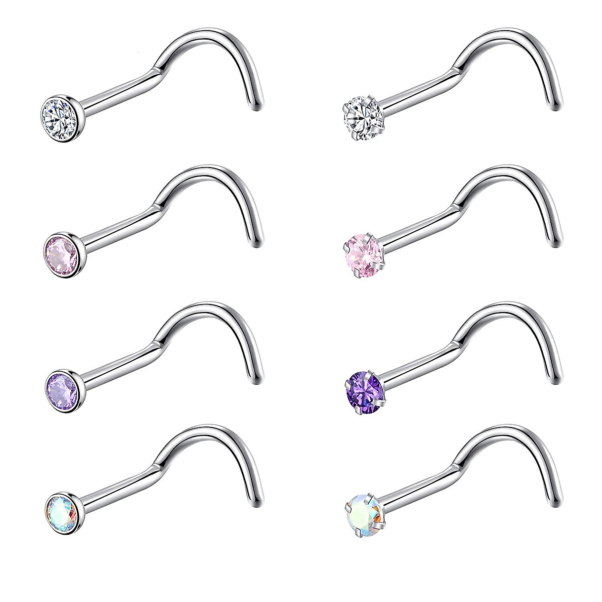 8PCS G23 Titanium Twist Screw Nose Studs 18G 20G Nose Rings 2mm 2.5mm 3mm Clear Pink Purple Aurora CZ Gold Nose Piercing Studs Nostril for Women Men(20g silver mix-color cz 2mm)