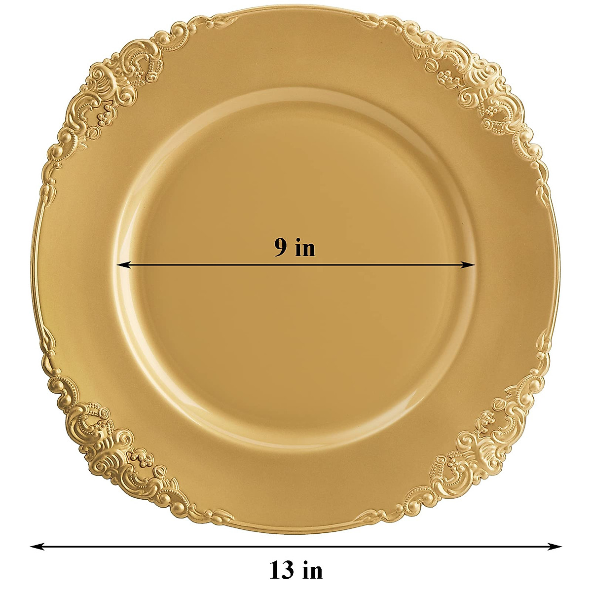Okllen 12 Pack Gold Charger Plates, 13" Round Charger Plates with Embossed Rim, Decorative Dinner Charger Serving Plates for Catering, Wedding, Tabletop Decor