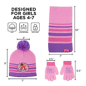 Disney Girls Princess Winter Hat, Scarf, & Kids Gloves Set For Ages 4-7, Pink/Purple