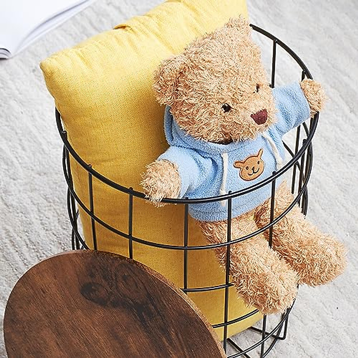 Jolydale Nesting End Table with Storage, Side Tables Wire Basket Table with Lid, Round End Table with Removeable Top and Steel Frame for Living Room, Bedroom, Office, (Brown)