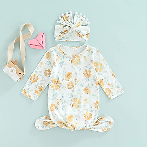 Infant Newborn Baby Girls Floral Sleep Gown Headband Sleepwear Romper Sleeping Bags Outfits (Floral&GreenYellow, 0-3 Months)