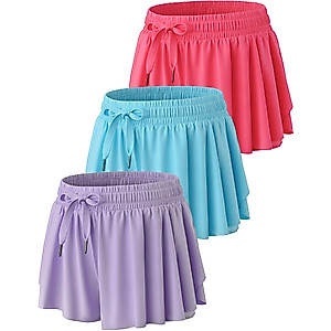 3 Pack Girls Flowy Shorts with Spandex Liner 2-in-1 Youth Butterfly Skirts for Fitness, Running, Sports (Set 4, Youth Medium)