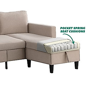 Urban Home Furniture Marcus 77" Mid Century Reversible Sectional with Storage Ottoman - Oatmeal