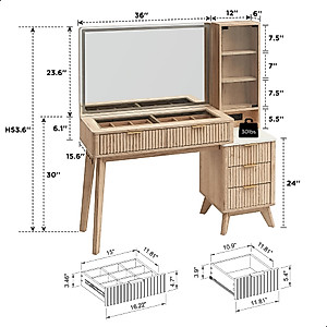 T4TREAM 48" Fluted Makeup Vanity Desk with Large 36" Mirror and Lights, Modern Glass Top Big Vanity Table with 5 Drawers & Adjustable Shelves, Dressing Table Set w/Charging Station for Bedroom, Oak