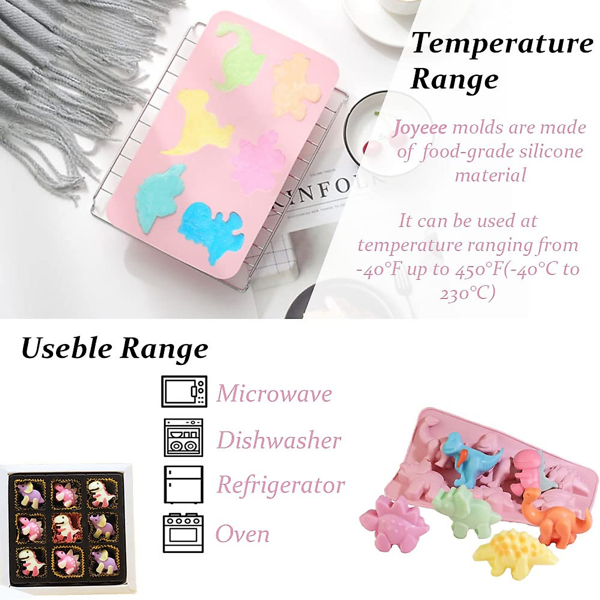 Joyeee Silicone Baking Mold Tray, Cartoon Dinosaur Candy Mold Non-stick Muffin Pan Cake Molds for Pudding Ice Cube Chocolate Fondant Cake Decorations DIY Handmade Soap, fit for Kids Parties, Birthday