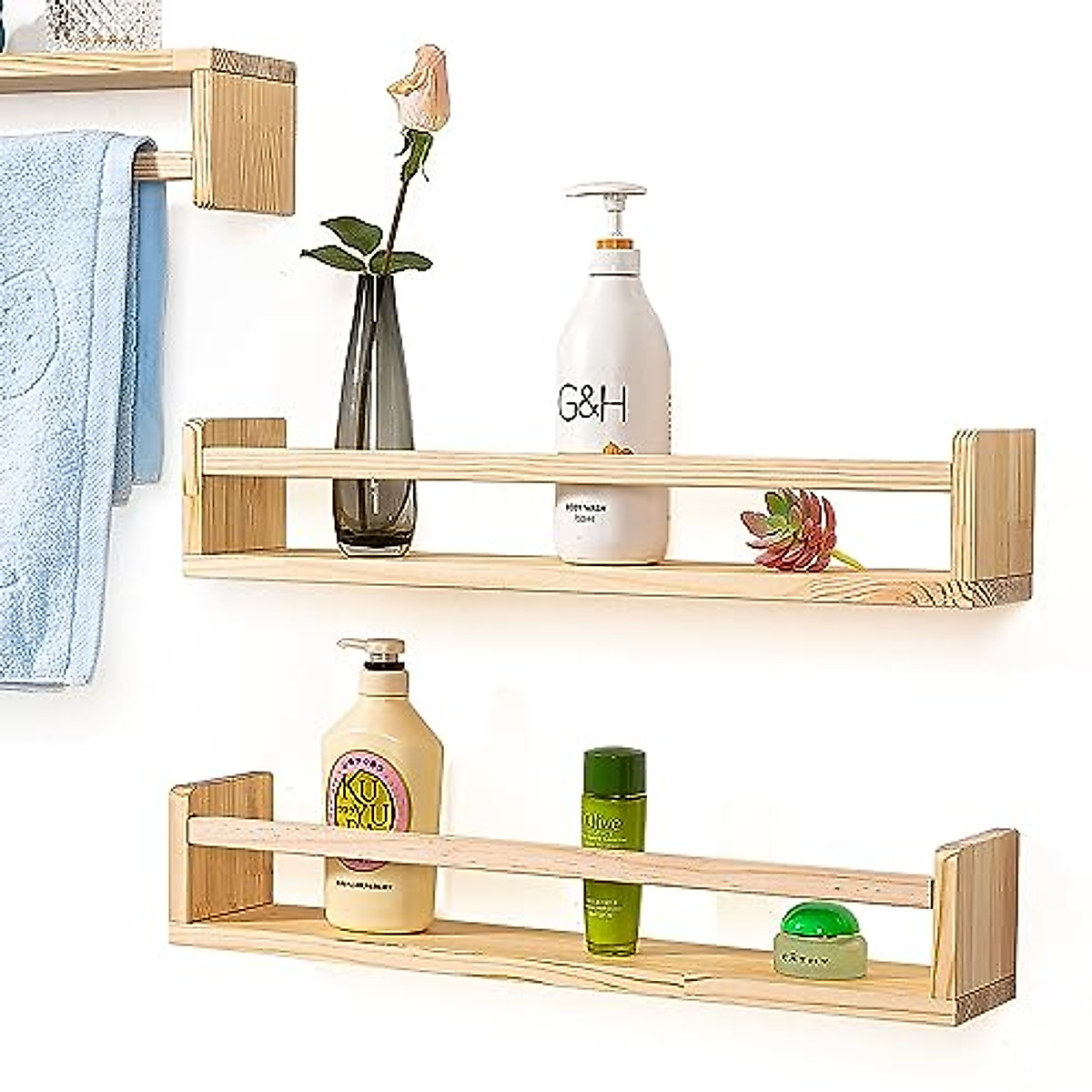 MBYD 24 Inch Floating Bookshelves, Handmade Natural Wood Wall Shelf, Wall Book Shelf for Kitchen Spice Rack or Bathroom Shelves, Set of 3 Same Dimensions