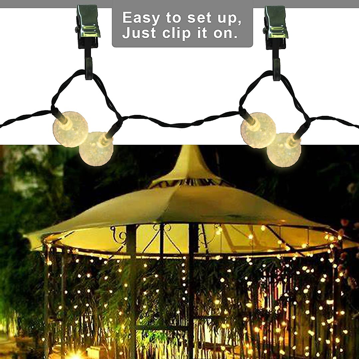 Benelet Solar Outdoor String Lights or USB Powered,Waterproof LED Globe Crystal Balls Decorative Lighting for Garden Home Party Wedding Christmas Decoration,50 LED,20 Free Curtain Clips (Warm White)