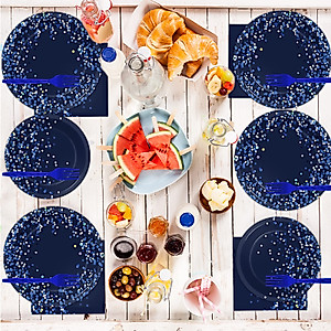 96 Pcs Blue and Silver Party Supplies Dot Confetti Paper Plates Sparkly Glitter Theme Party Decoration Confetti Party Tableware Set Bridal Shower Birthday Party Paper Plate Napkin Fork 24 Guests
