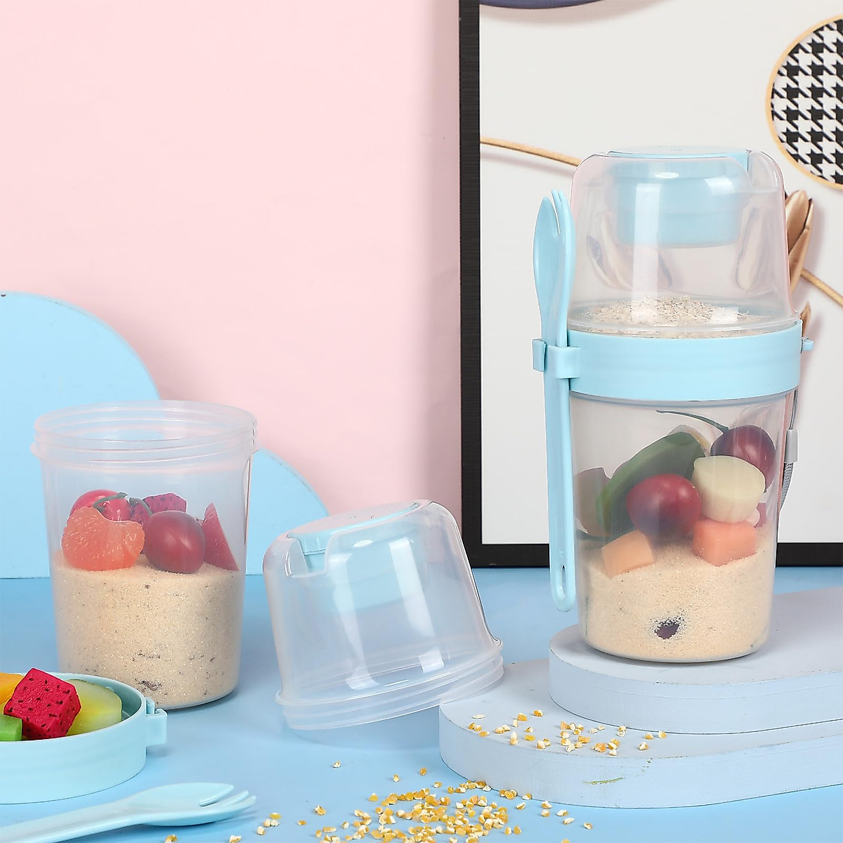 Mifoci 8 Pcs 26 oz Portable Cereal Cup Overnight Oats Container with Lid and Spoon for Yogurt Salad Fruit Oatmeal Cereal Overnight Oats Breakfast Vegetable Snack Cup, Blue