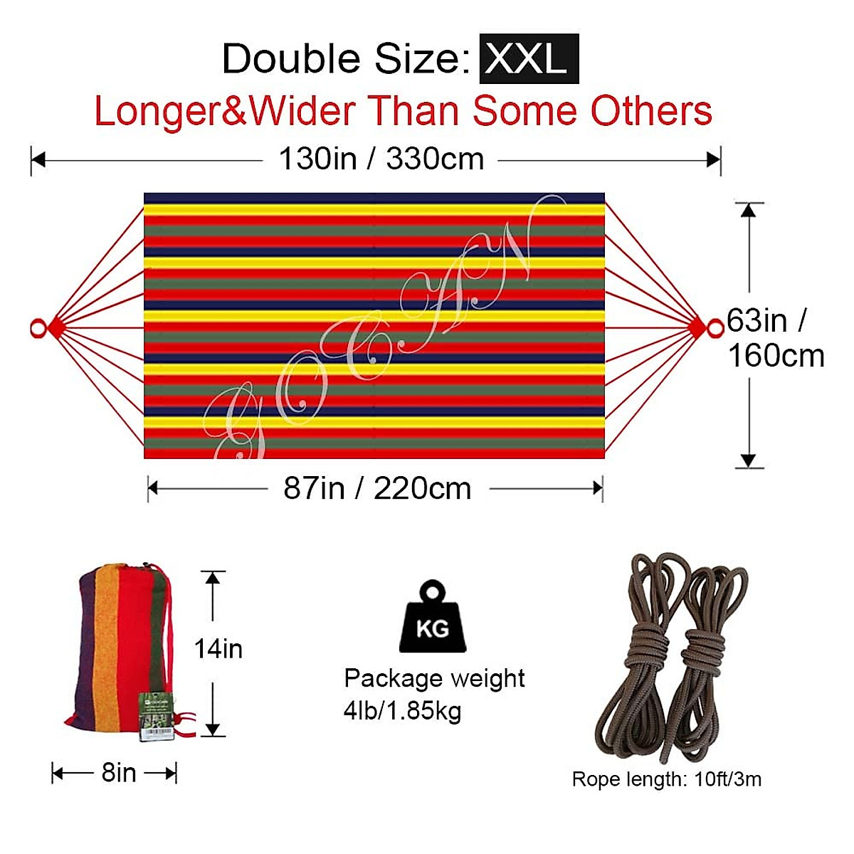 GOCAN Brazilian Double Hammock 2 Person Extra Large 220x160cm Total Length 330cm Load 500lb Canvas Cotton Hammock for Patio Porch Garden Backyard Lounging Outdoor and Indoor(Rainbow) XXL