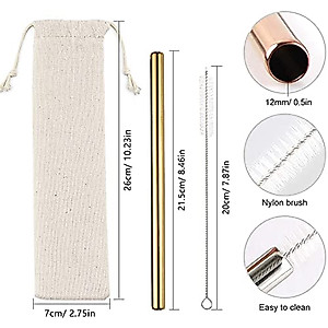 7 Pcs 8.5" Reusable Boba Drinking Straws 304 Stainless Steel Straws Set with 2 Cleaning Brushes Wide Metal Straw for Bubble Tea Milkshakes Smoothie Bar Accessory (Gold)