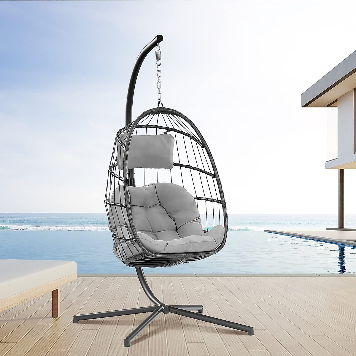 Egg Swing Chair with Stand Hanging Egg Chair Outdoor - Rattan Wicker Patio Hanging Basket Chair Hammock Chair with Aluminum Steel Frame and UV Resistant Cushion for Indoor Bedroom Balcony (Grey)