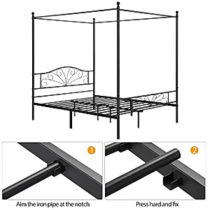 Yaheetech Queen Canopy Bed Frames Graceful Scroll Metal Canopy Bed/Four-Poster Canopied Platform Bed with Arched Headboard/Solid Slats/Underbed Storage Space/No Box Sring Needed/Ball Finals, Black