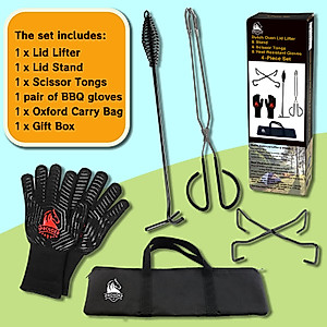 IPROUDER Dutch Oven Lid Lifter, Dutch Oven Lid Stand, Heat Resistant Gloves, Scissor Tongs, Pot Stand, Trivet for Camping, Dutch Oven Tool Combo, BBQ tool set, Outdoor Camping Cooking Accessories