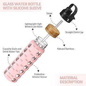 MUKOKO 32oz Glass Water Bottles with 2 Lids-Handle Spout Lid&Bamboo Straw Lid, Motivational Water Tumbler with Time Marker Reminder and Silicone Sleeve, Leakproof-Pink-1 Pack
