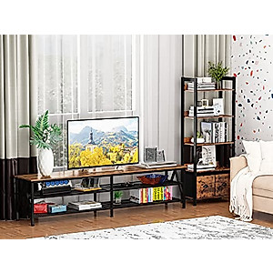 Furologee TV Stand with 3-Tier Open Storage Shelves and 6-Tier Bookshelf, Tall Rustic Bookcase with 2 Drawers Storage Organizer,