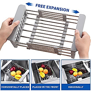 NANGAO Over The Sink Drain Strainer Basket Stainless Steel Small Drying Rack Collapsible Colander for RV Camper, Expandable Fruits Vegetables Bottle Washing Basket Kitchen Gadgets