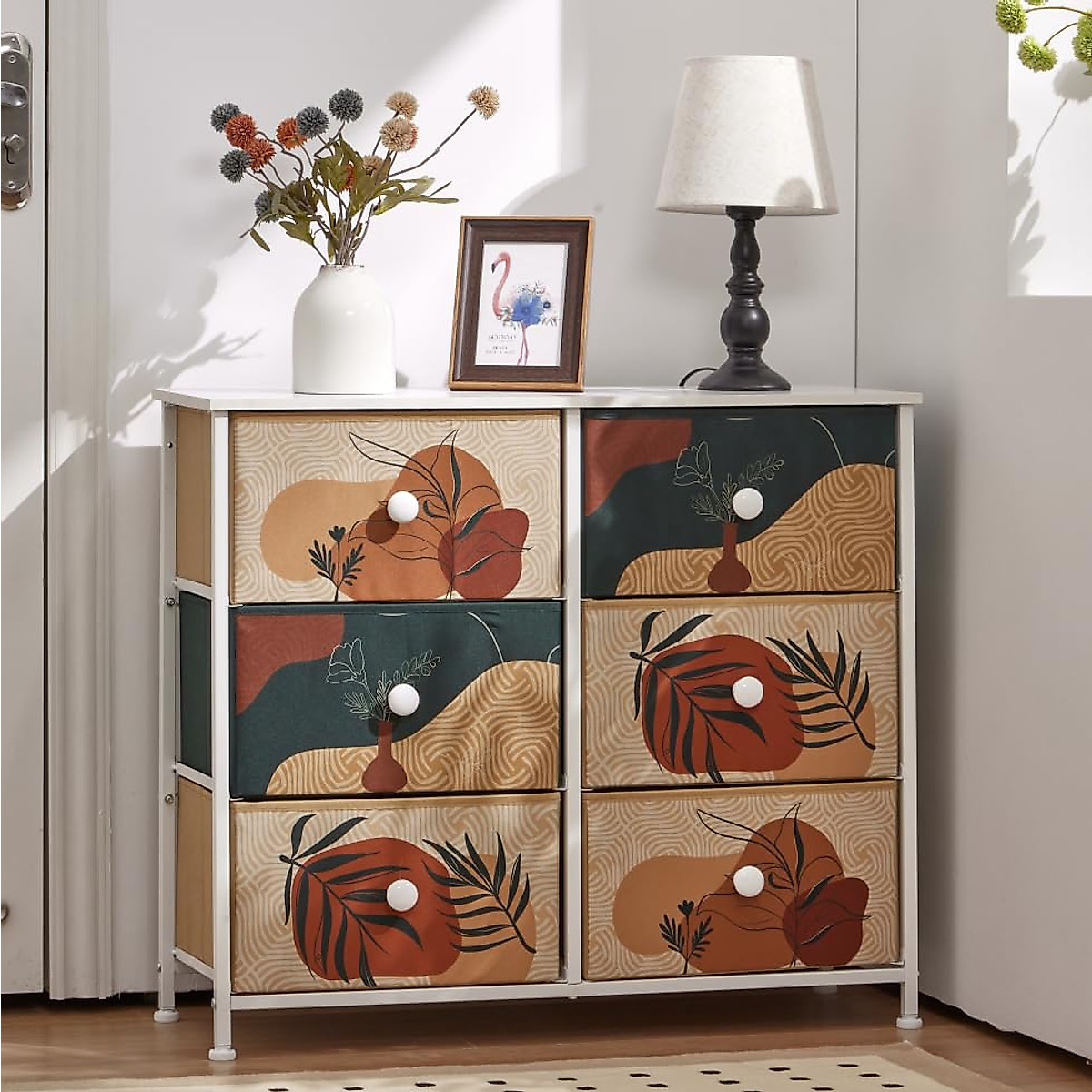 EnHomee Dresser, Cute Dresser for Bedroom, Small Dressers for Bedroom, 6 Drawer Dresser for Closet, Boho Dresser with Fabric Drawers, Bedroom Dressers & Chests of Drawers, Wooden Top