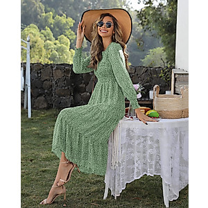 kimralur Womens Casual Long Sleeve Midi Fall Dress Crew Neck Boho Floral Print Smocked Ruffle Tiered Flowy Long Dress