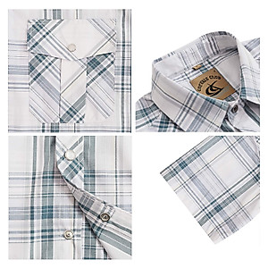 COEVALS CLUB Men's Western Cowboy Short Sleeve Pearl Snap Casual Plaid Work Shirts (White Plaid #28 L)