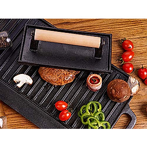9 Inches Cast Iron Grill Press, Steak Weight Bacon Press with Wood Handle Pre-Seasoned Rectangular Barbecue BBQ Hamburger Sausage Panini Meat Griddle Press