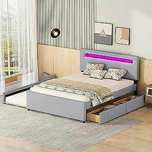 FEELHOME Queen Size Upholstered Platform Bed with 2 Storage Drawers and Twin Trundle, LED Lights and USB Charging, Linen Queen Bed Frame with Headboard and Wood Slat Support, Gray