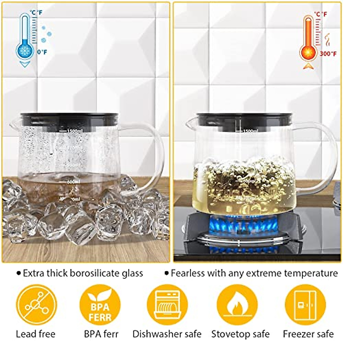 Glass Teapot with Infuser - 1500ml/50 OZ Tea Kettle Stovetop Safe Tea Pot for Blooming Tea Loose Leaf Tea, Premium Tea Maker with Gift Box