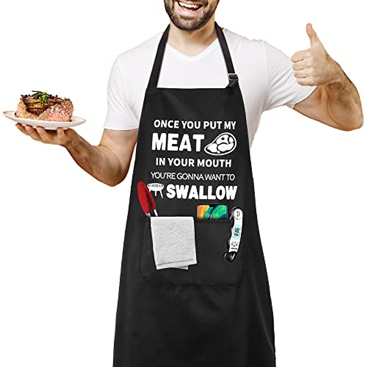 GLHMOGM Funny BBQ Cooking Bib 2 Pockets Gift Father Husband Chef Apron, Black, One Size