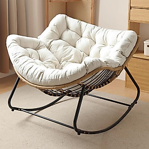 HARELA Outdoor Patio Rocking Chair, Indoor Rattan Rocker Chair, Oversized Wicker Chair Padded Cushion Rocker Recliner Chair Outdoor for Front Porch, Garden, Comfy Rocker Chair with Thick Cushion